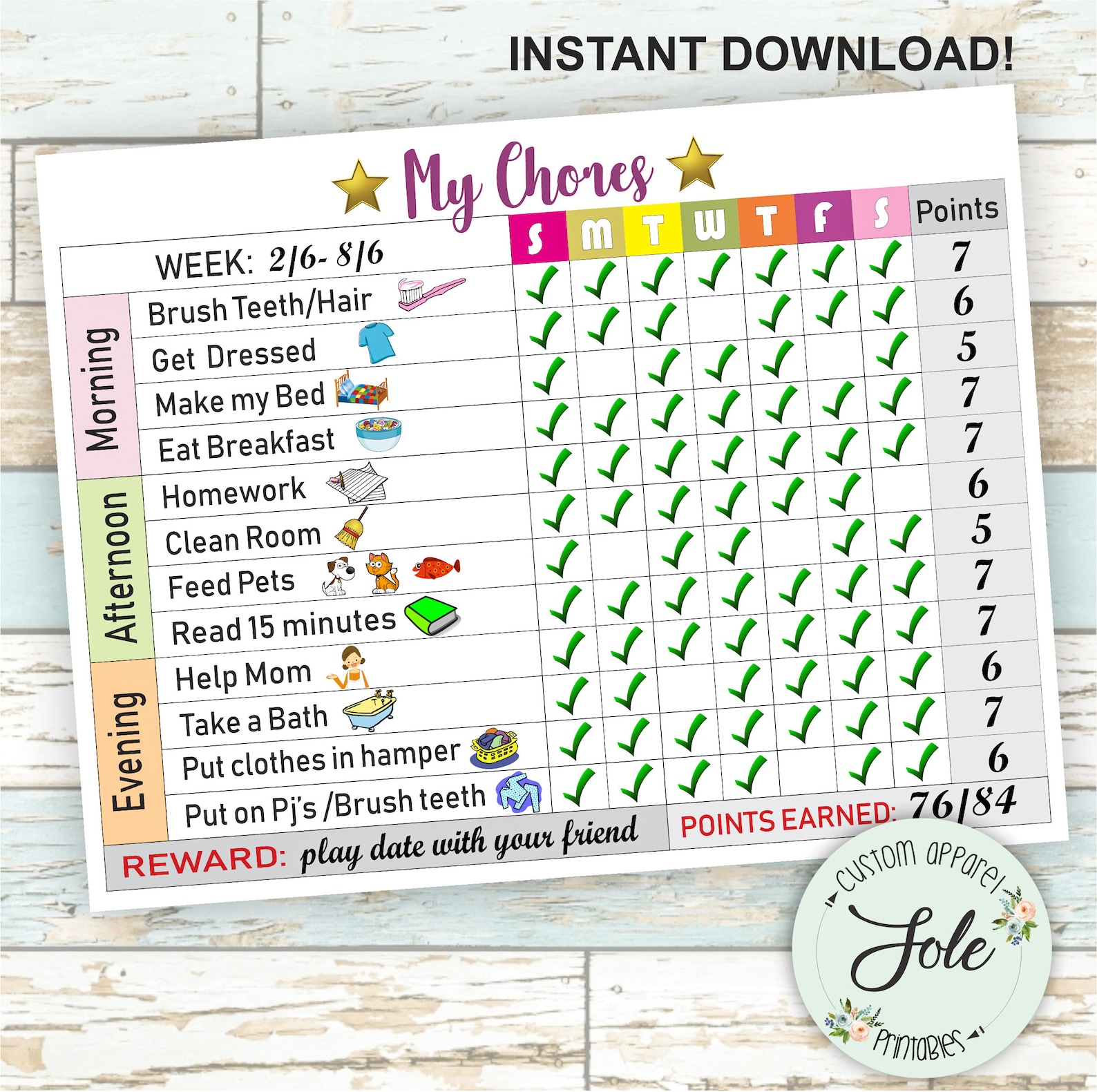 Printable Kid's Chore Chart Child Responsibility Chart, Behavior Chart ...