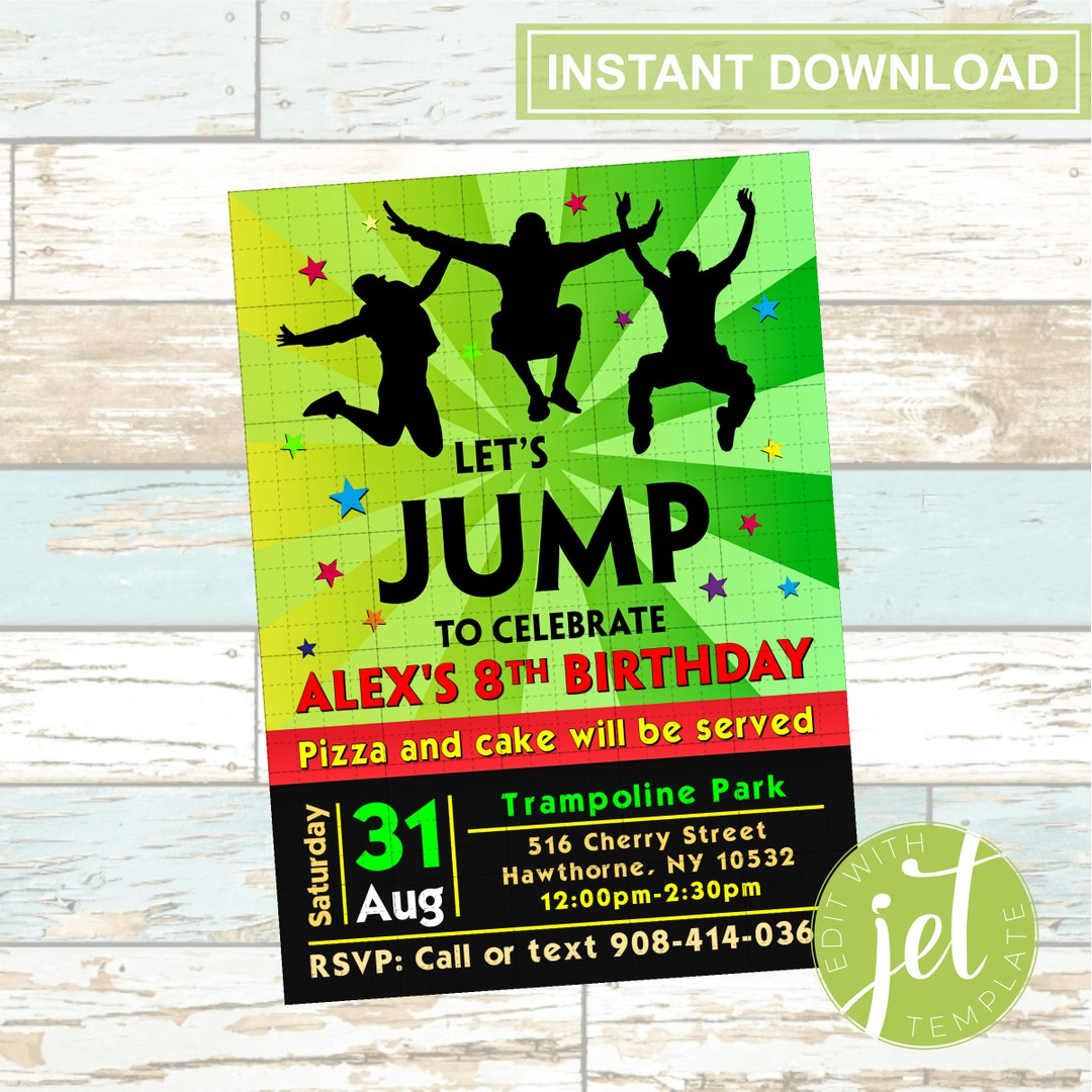 Editable Trampoline Park Birthday Invitation, Glow Jump Invitation ...