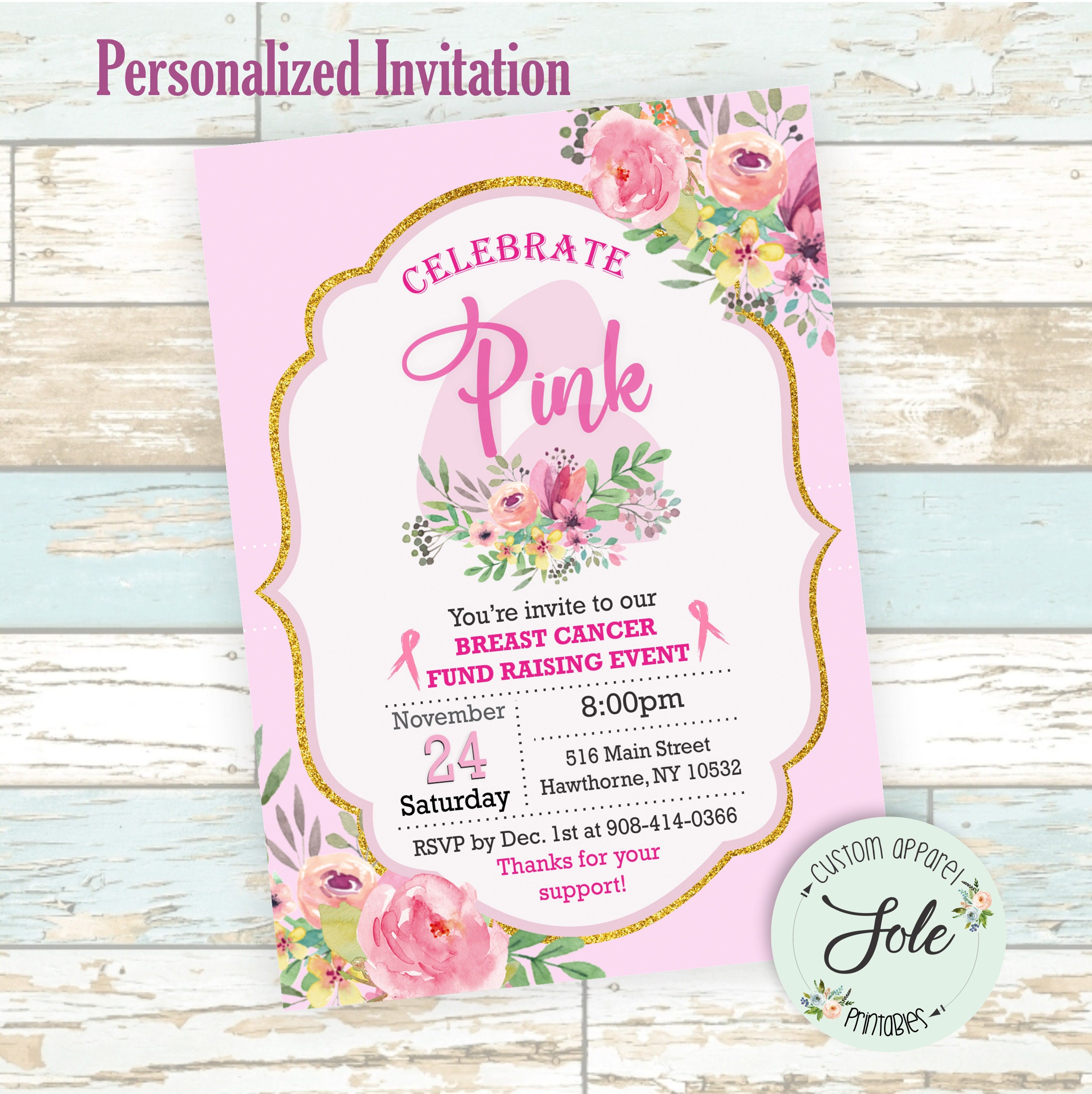 Pink Ribbon Fundraising Event Invitation-digital File- NO Instant ...