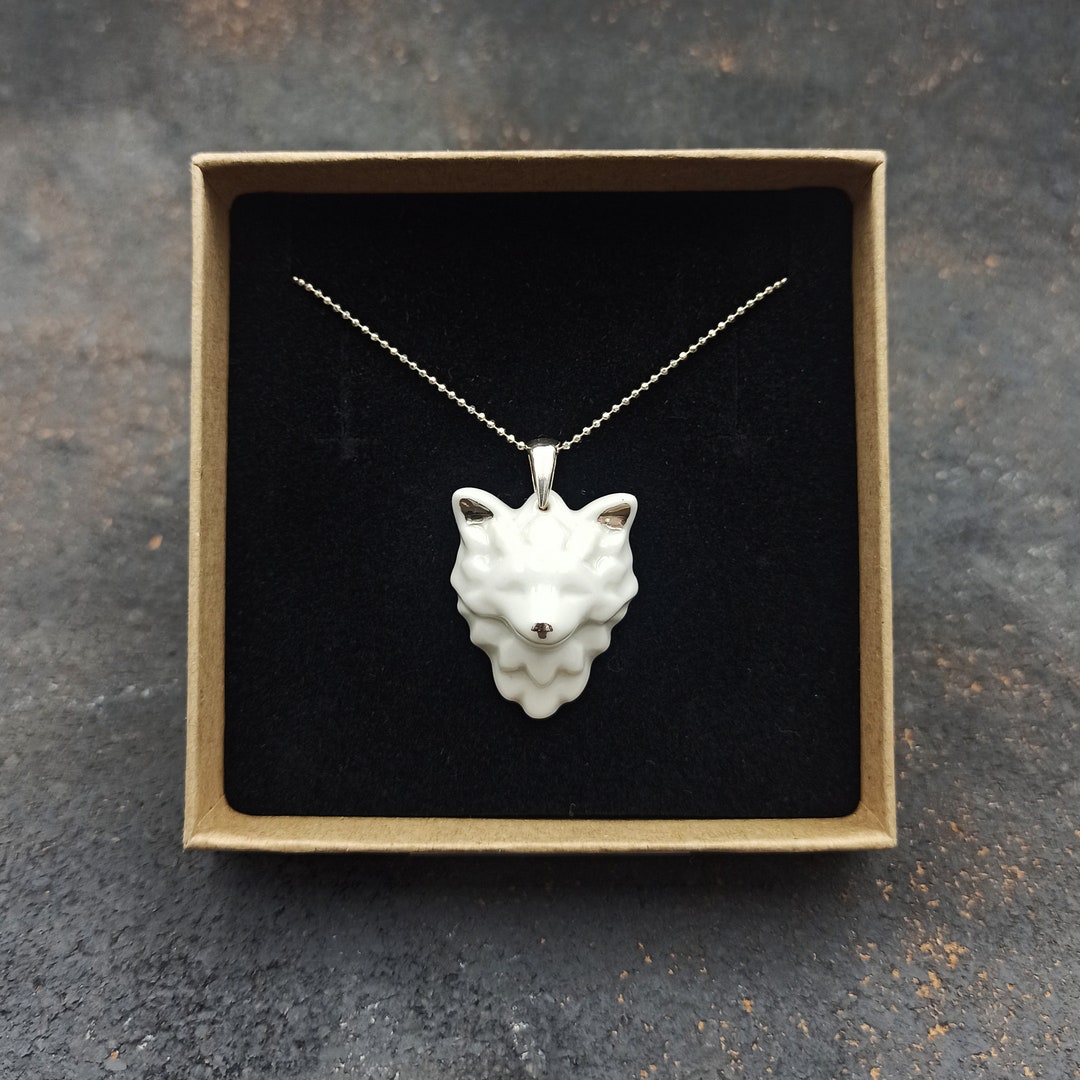 White Wolf Porcelain Pendant, Forest Animal Jewelry, 3D Wolf Medallion ...