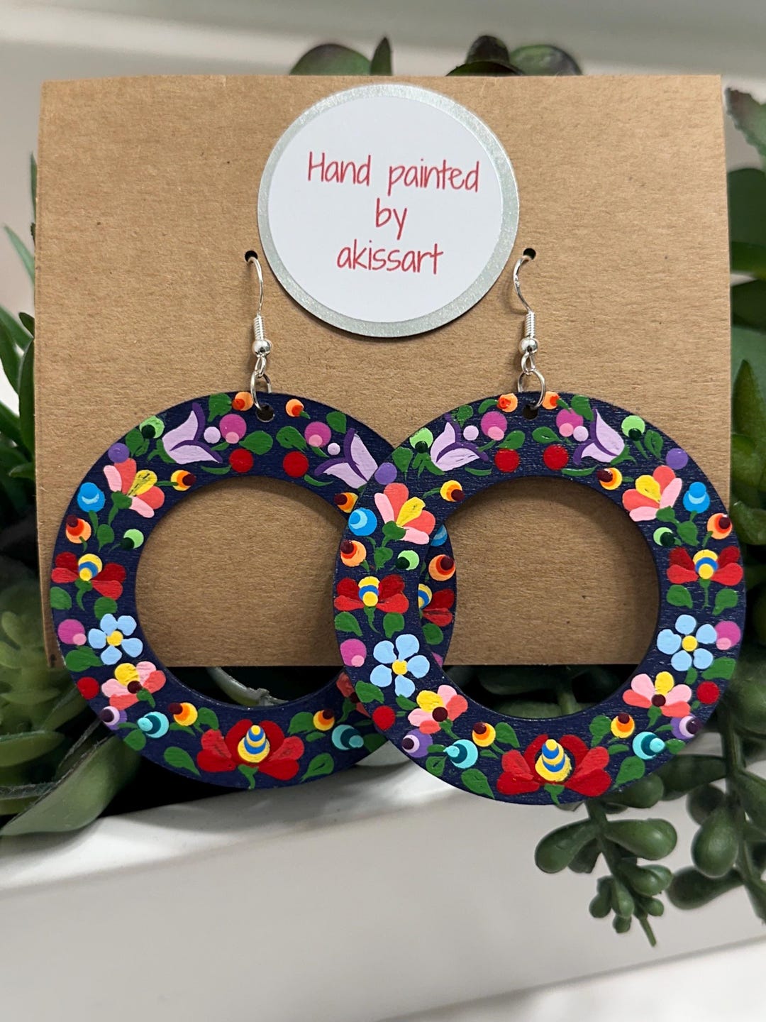 Hand Painted Hungarian Folk Art Matyo Design Wood Earrings - Etsy