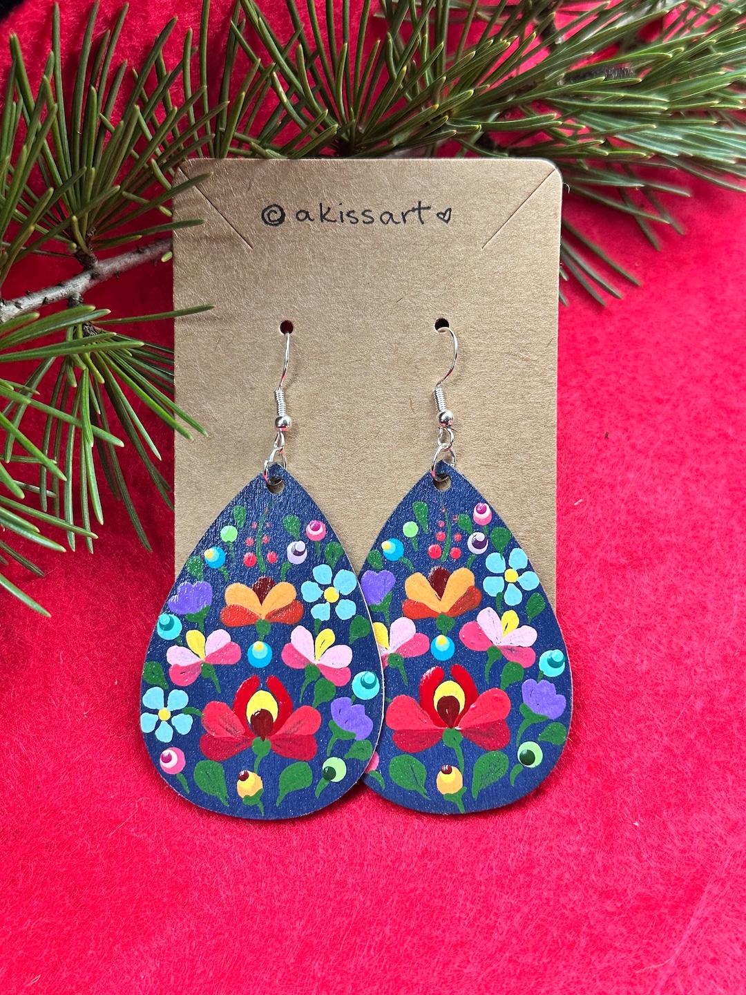 Hand Painted Hungarian Matyo Folk Art on Wood Earrings - Etsy