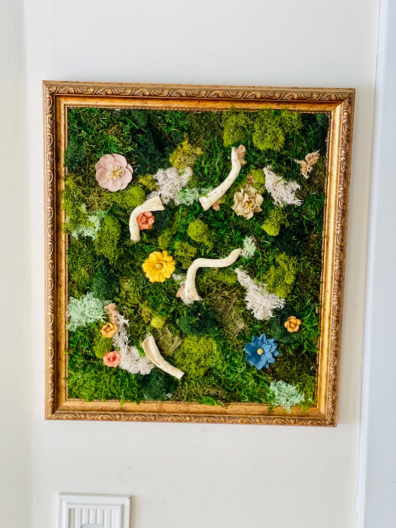 Moss Wall Art Frame, Vintage Gold Frame, Framed Moss Art, Paper Flower ...
