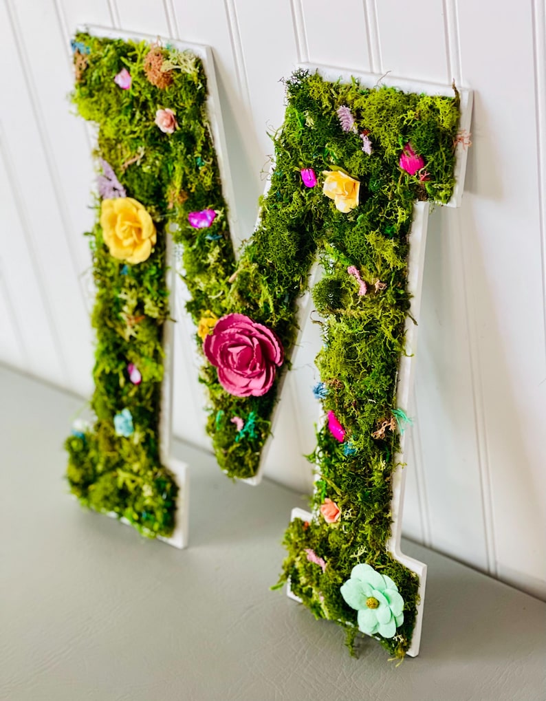 Moss Art Letters – Wood Monogram With Wild Flower Accents for Home or ...