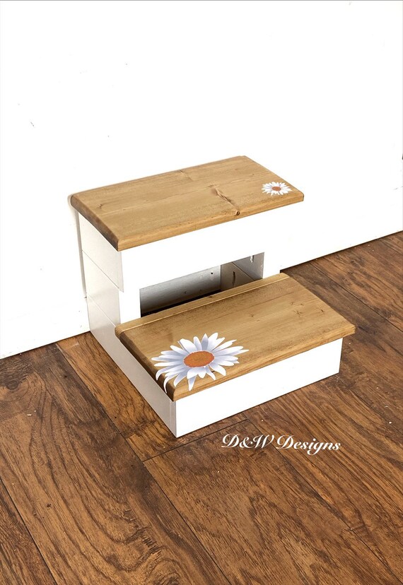 White Base Stained Top Two Step Stool With White Flower | Etsy