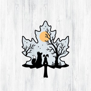 Fox and Rabbit Under Moon SVG PNG for Cricut and Silhouette, Maple Leaf ...
