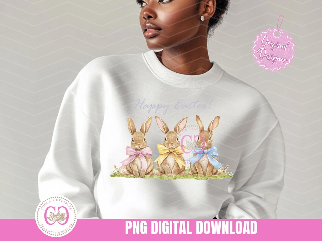 Happy Easter Day Bunny Rabbit Trio Easter Line of Three Pink Yellow ...