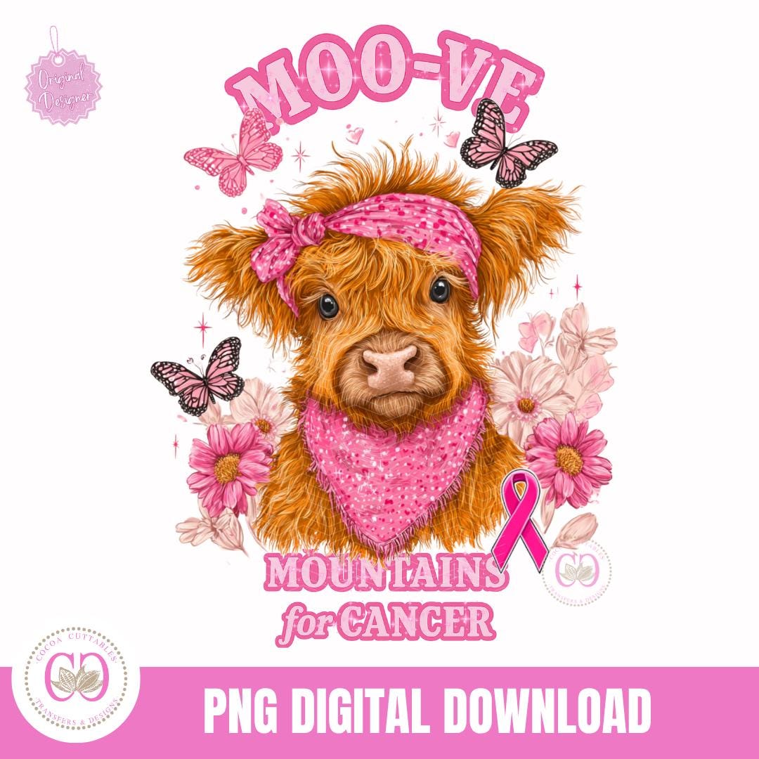 Breast Cancer Highland Cow PNG, Moo-ve Mountains Breast Cancer, Cute ...