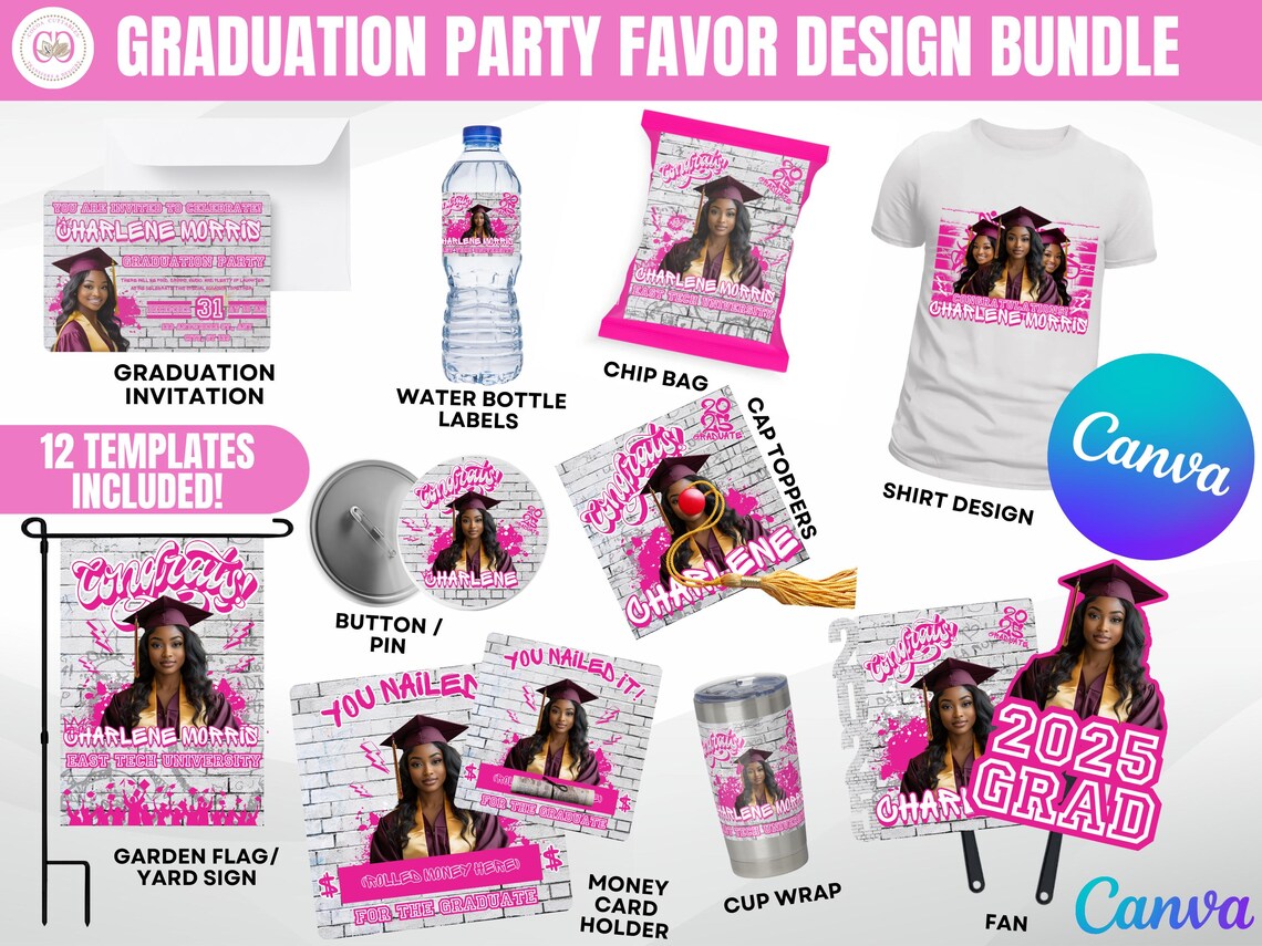 Graduation 2026 Party Favor Template Bundle, Graffiti Pink Canva ...
