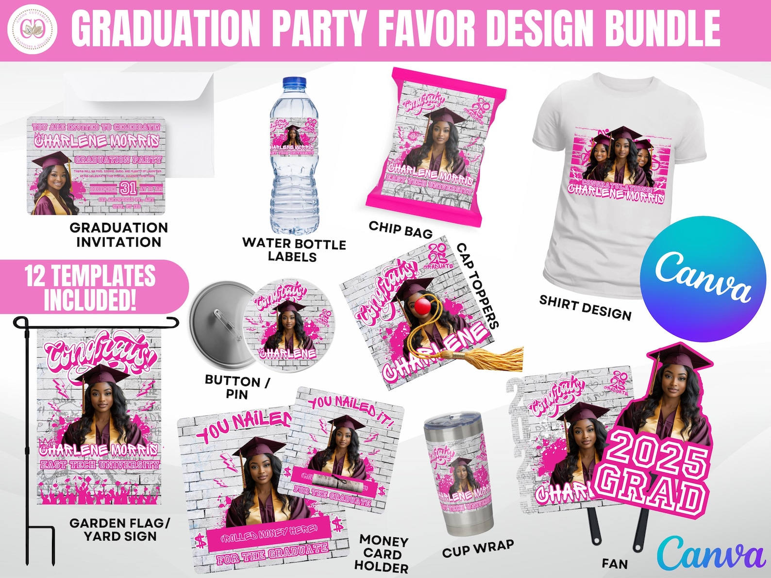 Graduation 2026 Party Favor Template Bundle, Graffiti Pink Canva ...