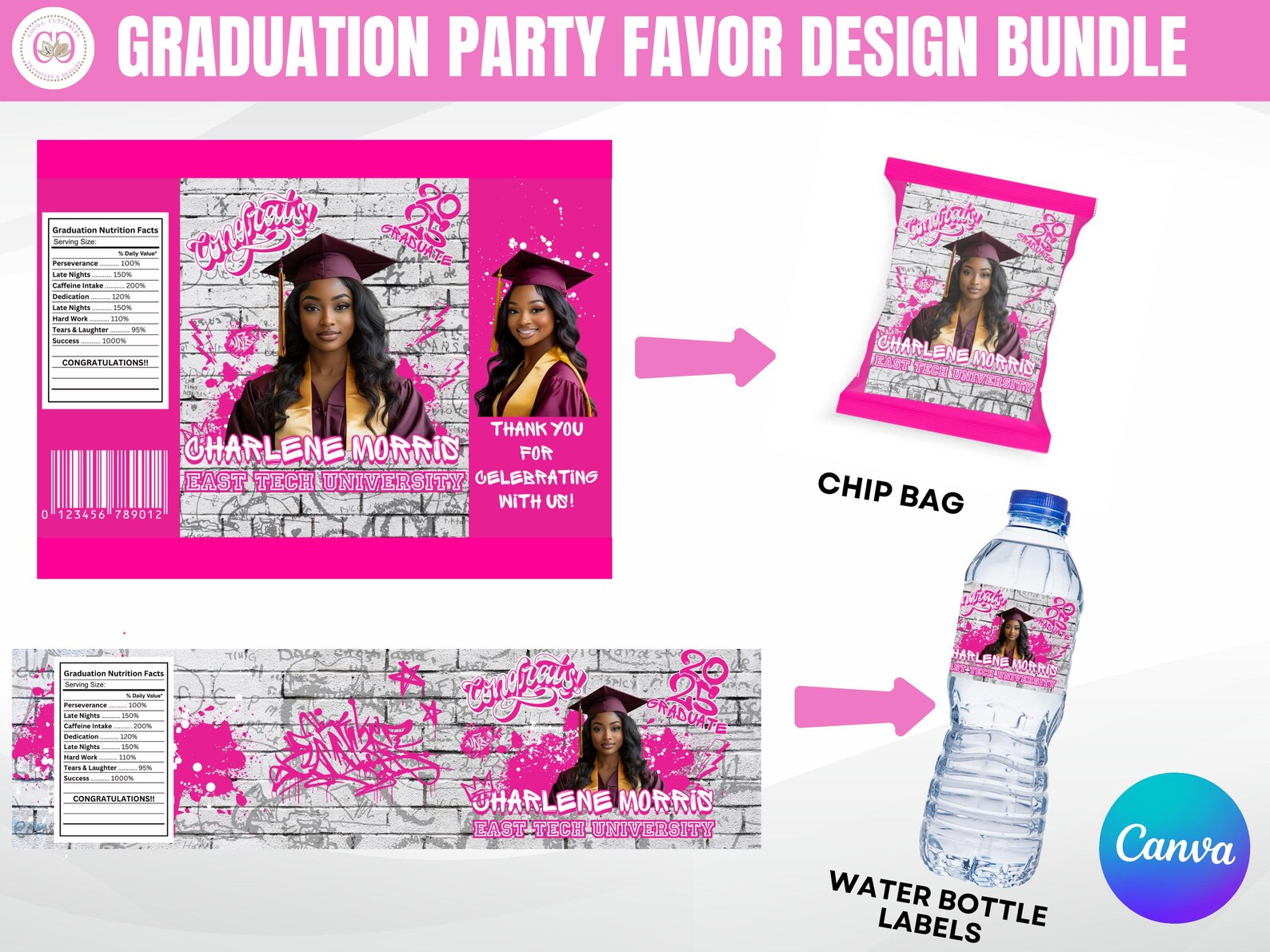 Graduation 2026 Party Favor Template Bundle, Graffiti Pink Canva ...