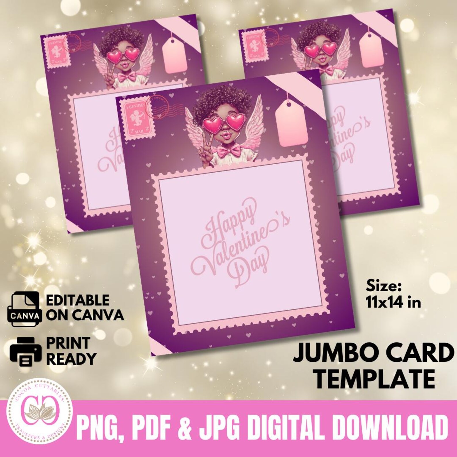 Afro Cupid Purple Jumbo Treat Card Templates, Jumbo Valentine's Card ...