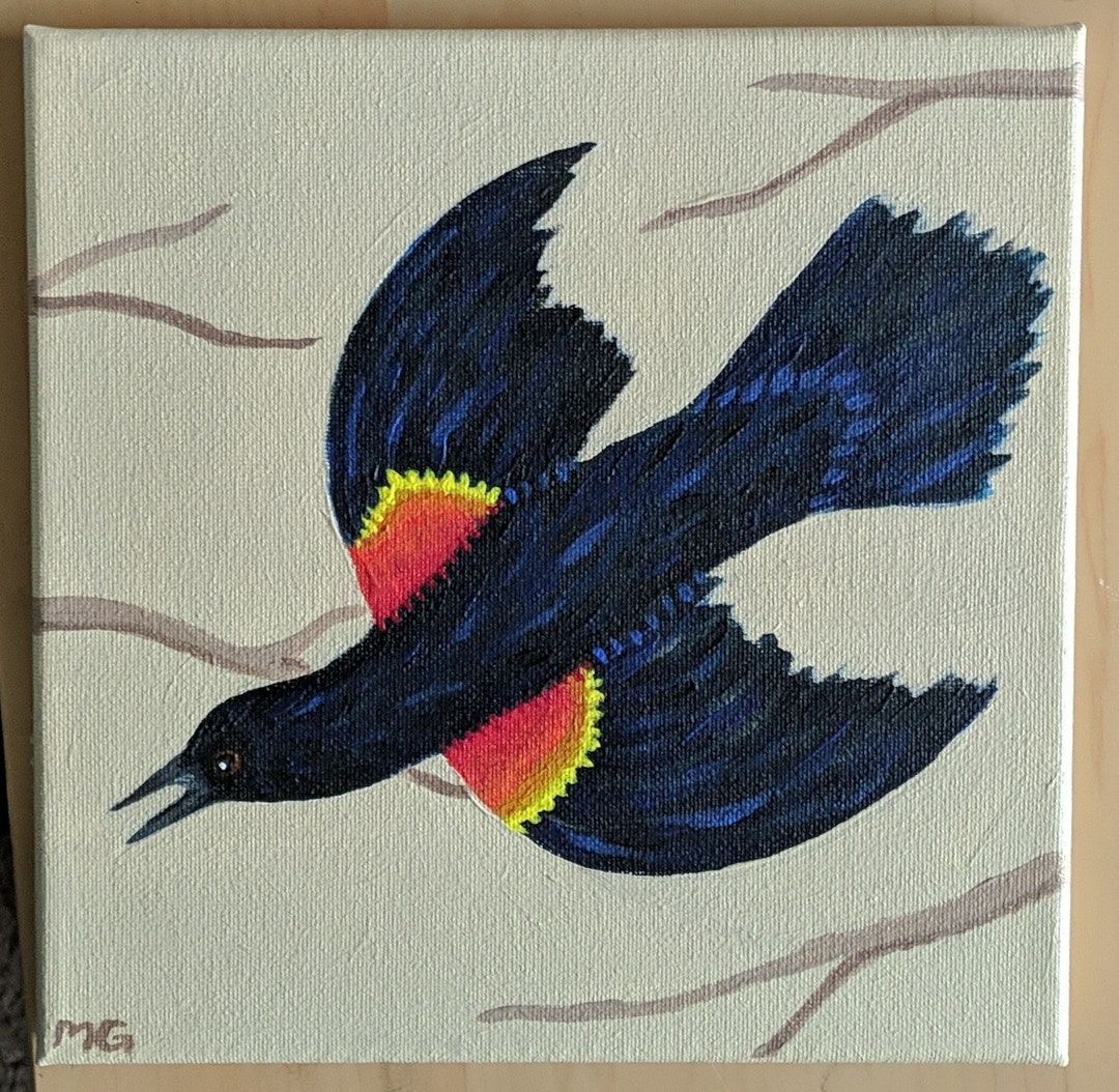 Acrylic Red Winged Blackbird Painting on Canvas, 8in × 8in ...