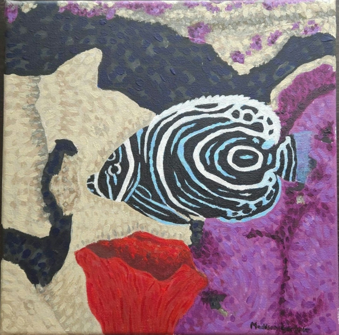 Acrylic Emperor Angelfish Painting on Canvas, 8in × 8in, Expressionism ...
