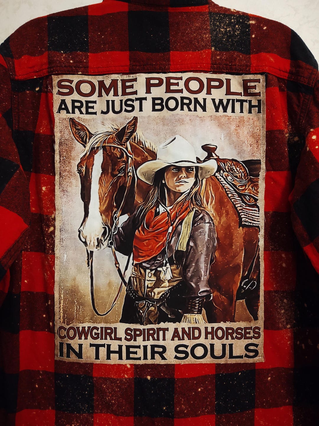 Horse Flannel Shirt, Bleached Flannel Shirt With Back Patch, Horse ...