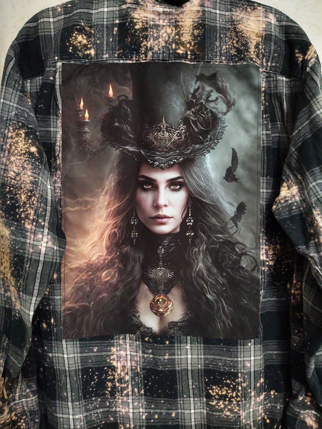 Witch Flannel Shirt, Bleached Flannel Shirt With Back Patch, Witch ...
