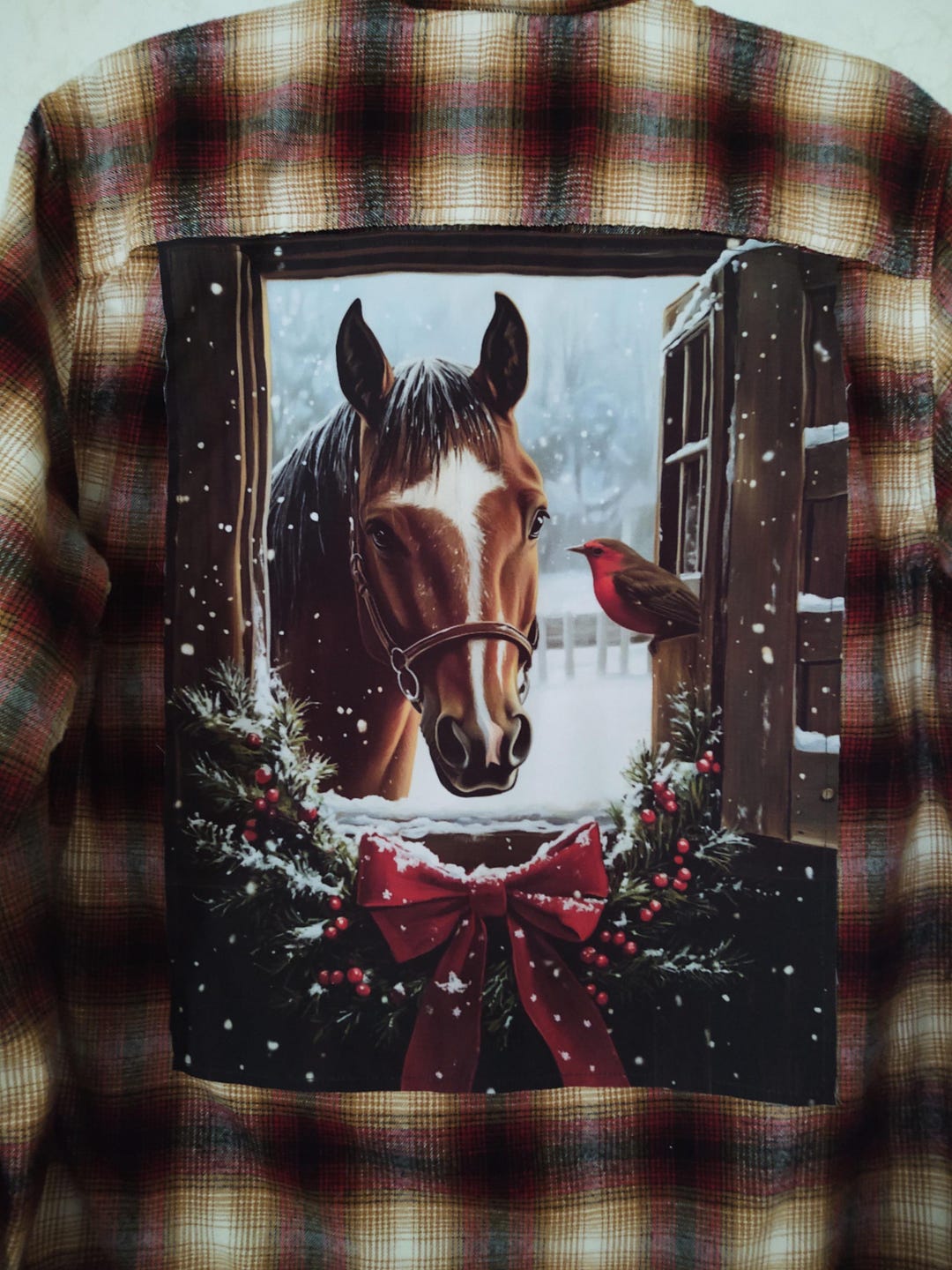 Christmas Flannel Shirt, Flannel Shirt With Back Patch, Horse Back ...