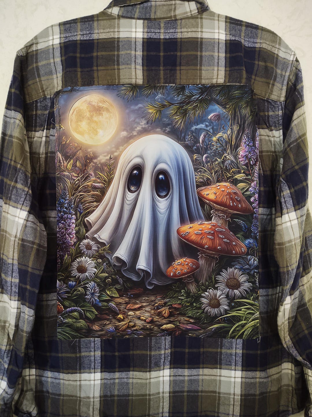 Ghost Flannel Shirt, Flannel Shirt With Back Patch, Cute Ghost Flannel ...