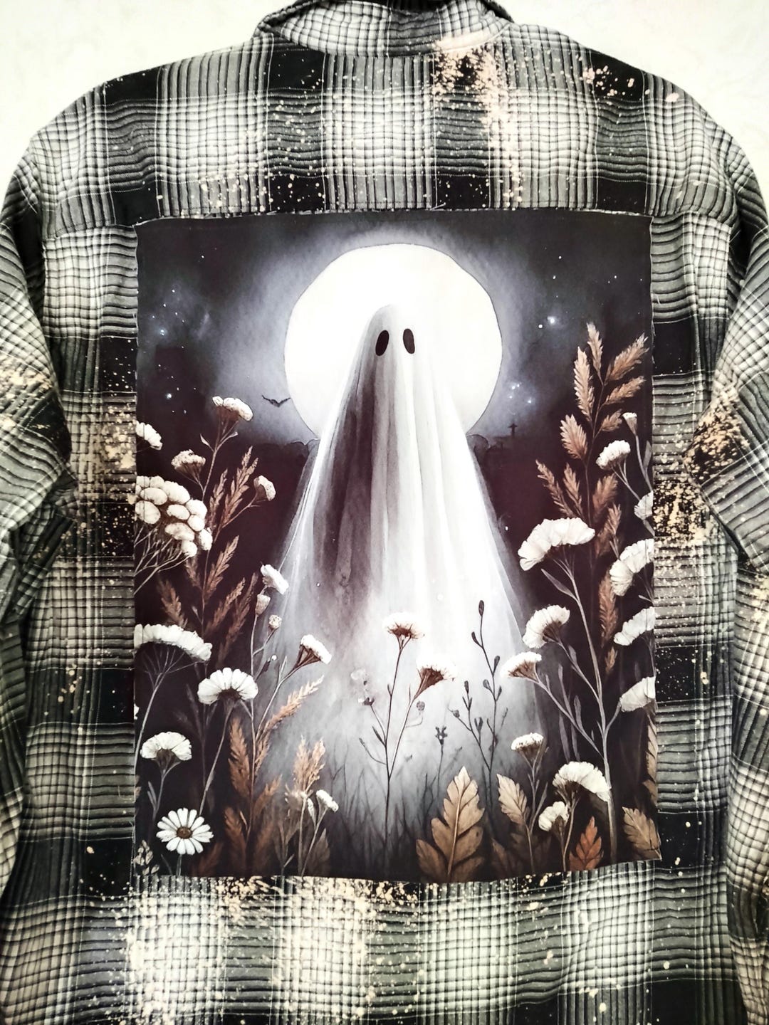Ghost Flannel Shirt, Bleached Flannel Shirt With Back Patch, Horror ...