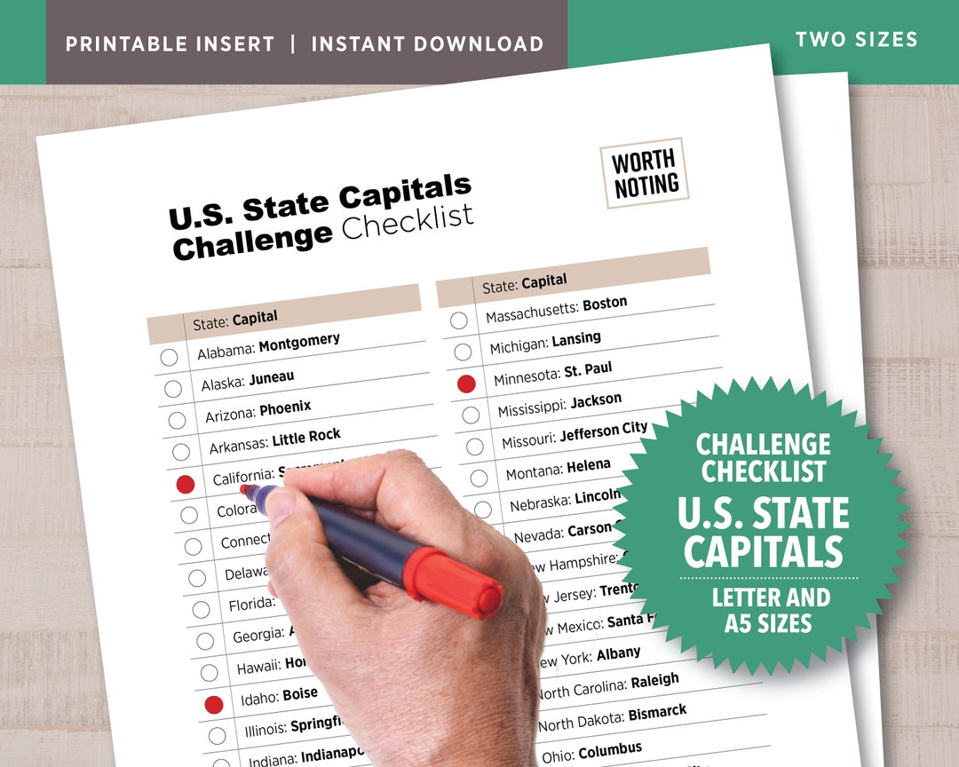 State Capitals Challenge: Printable Travel Checklist (A5 + Letter Size ...