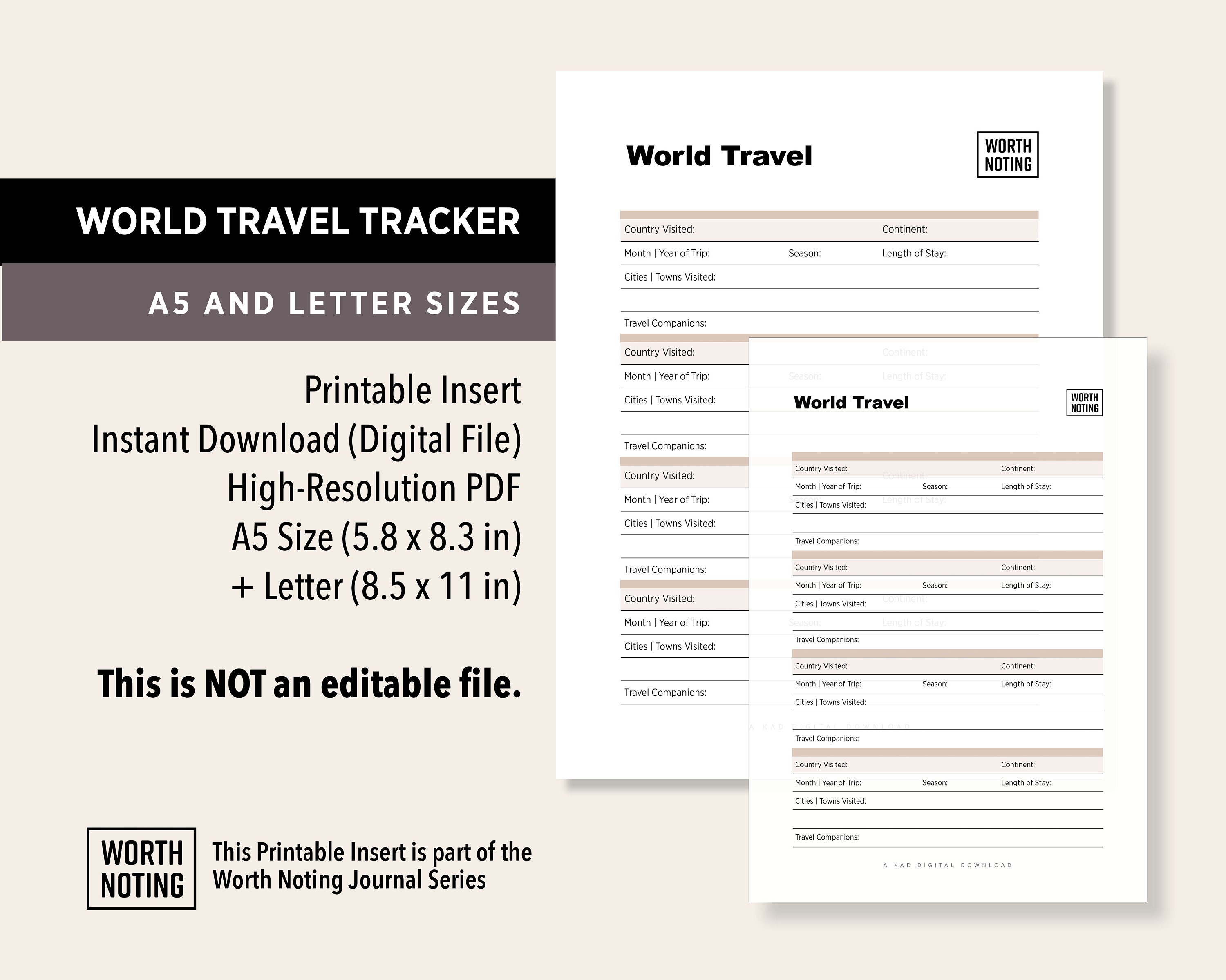 World Travel Tracker: Printable Adventure Log (A5 + Letter Size) - Etsy