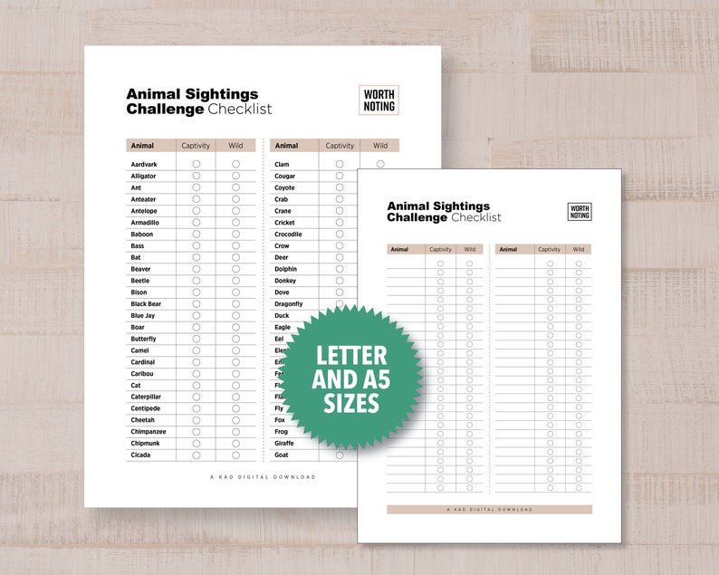 Animal Sightings Printable Challenge Checklist and Tracker, Nature ...