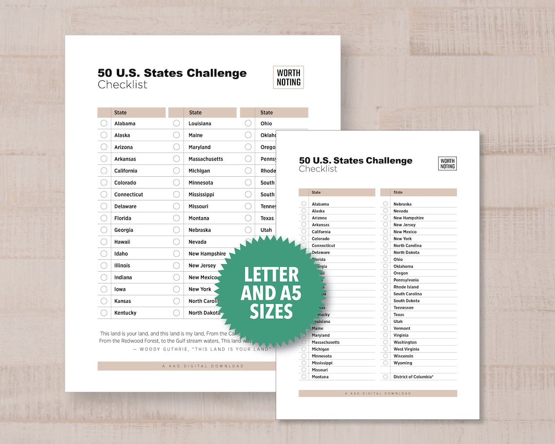 50 U.S. States Challenge Checklist A5 Letter Size - Etsy