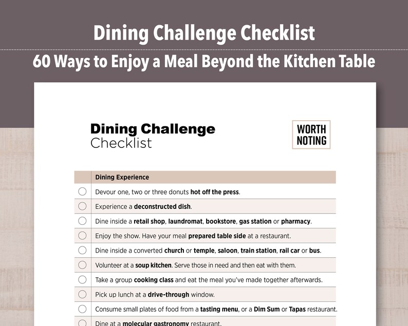 Dining Challenge Checklist: 60 Ways to Experience a Meal (printable) - Etsy