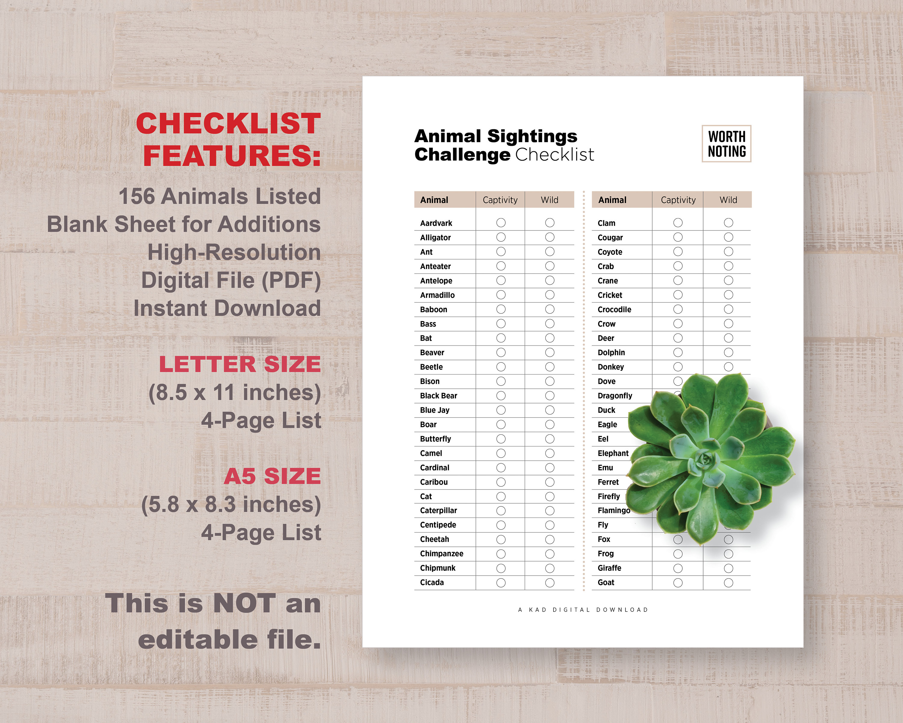 Animal Sightings Printable Challenge Checklist and Tracker, Nature ...