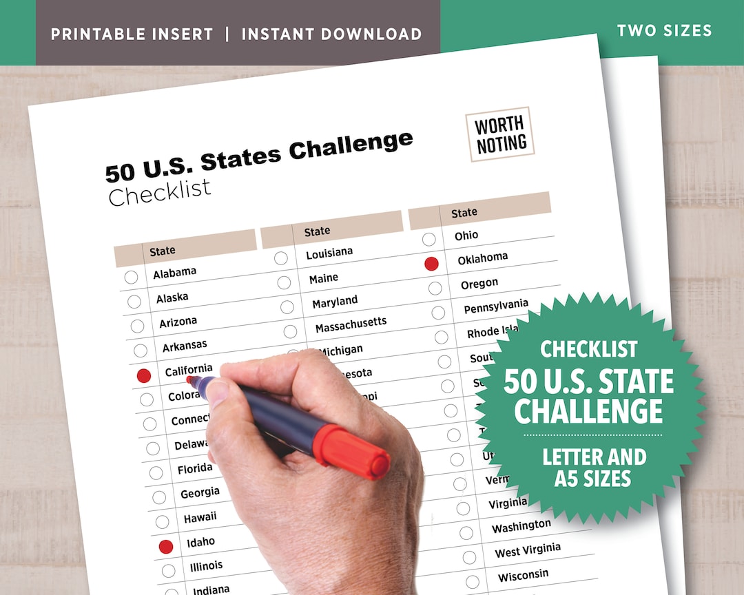 50 U.S. States Challenge Checklist (A5 + Letter Size) • Adventure ...