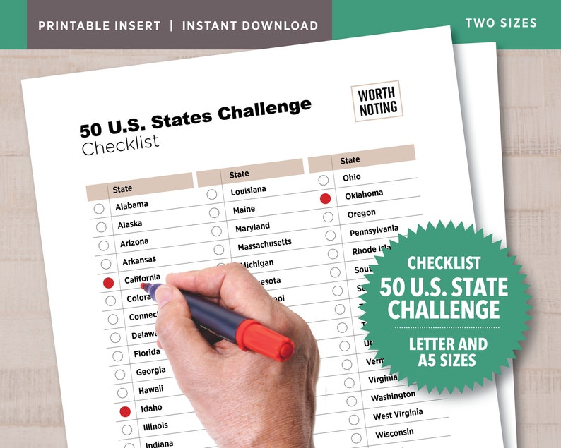 50 U.S. States Challenge Checklist (A5 + Letter Size) • Adventure ...