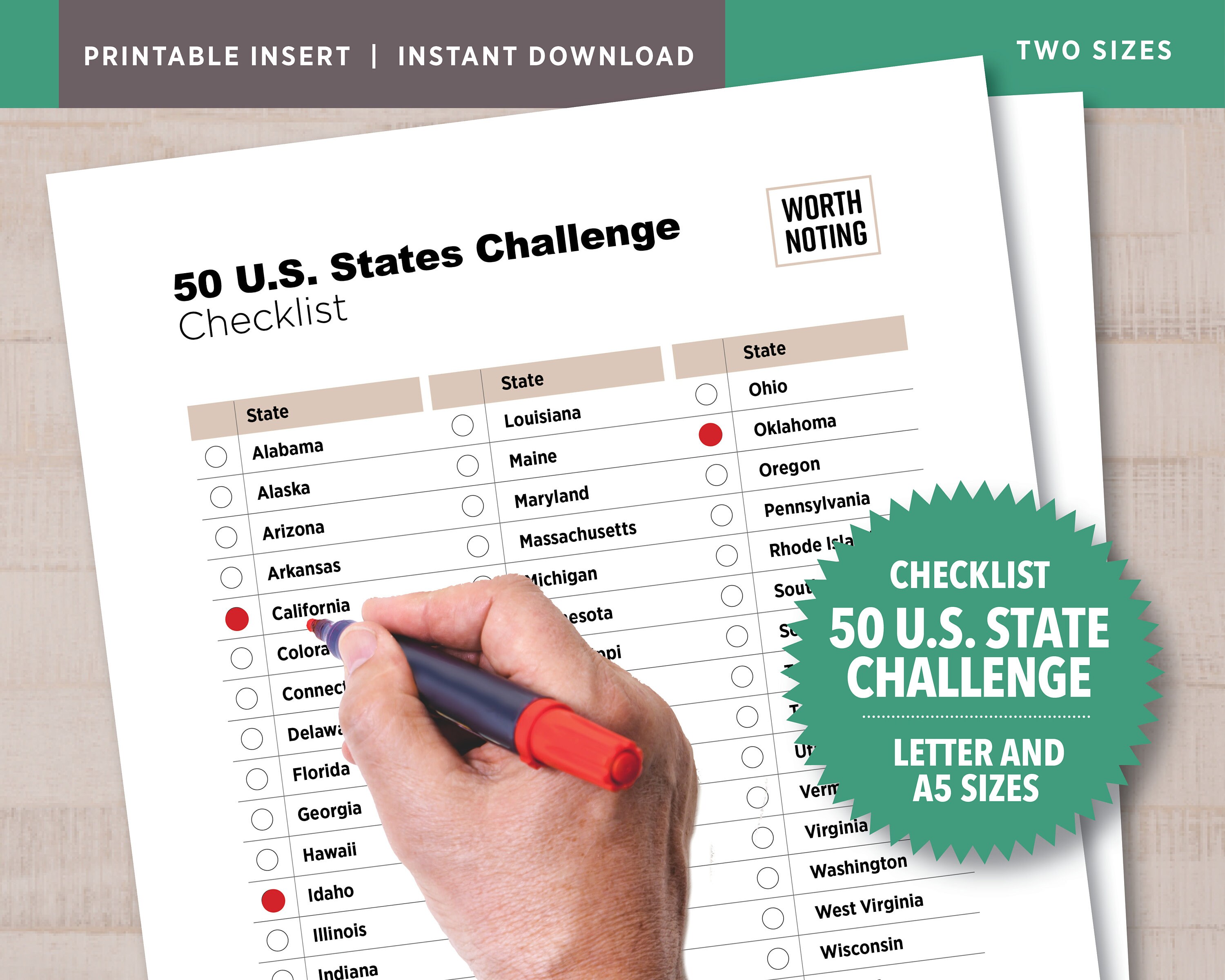 50 U.S. States Challenge Checklist (A5 + Letter Size) • Adventure ...