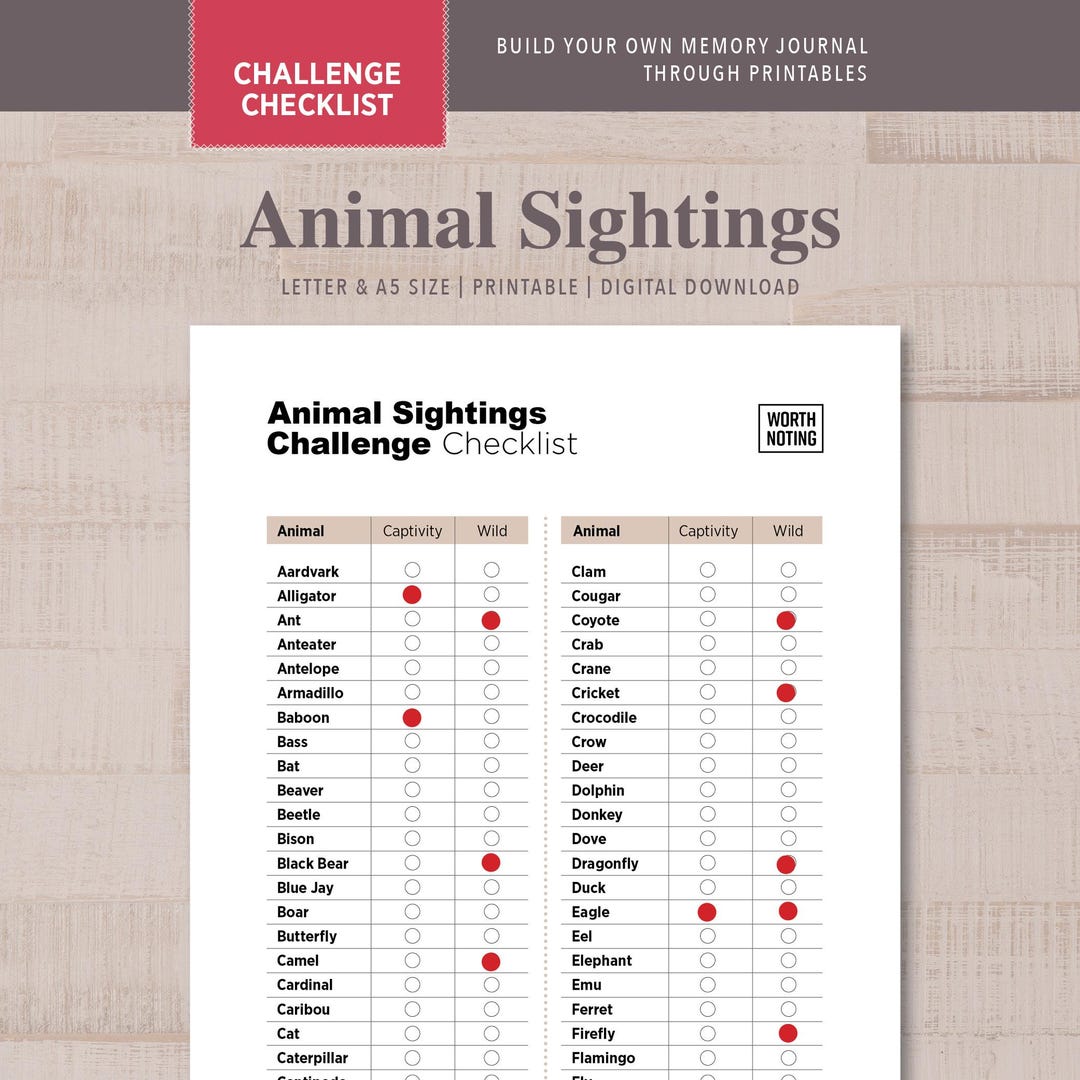Animal Sightings Printable Challenge Checklist and Tracker, Nature ...