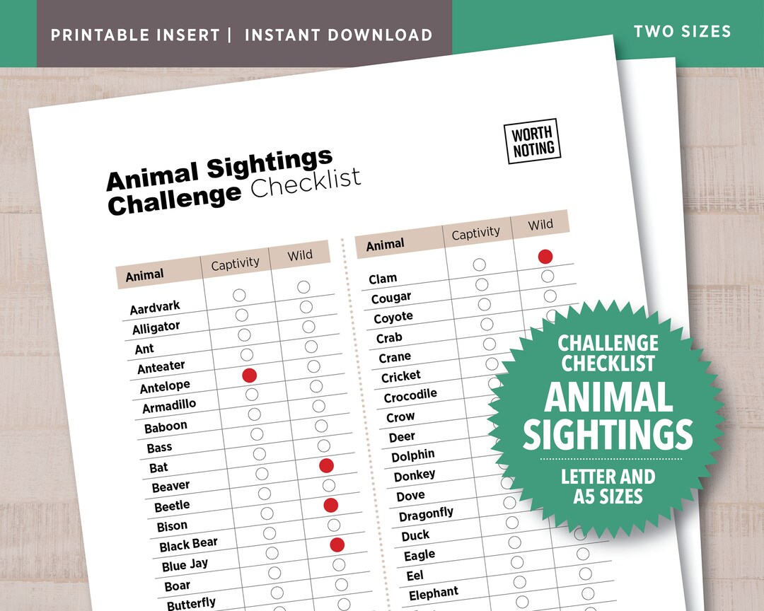 Animal Sightings Printable Challenge Checklist—156 Animals Listed ...