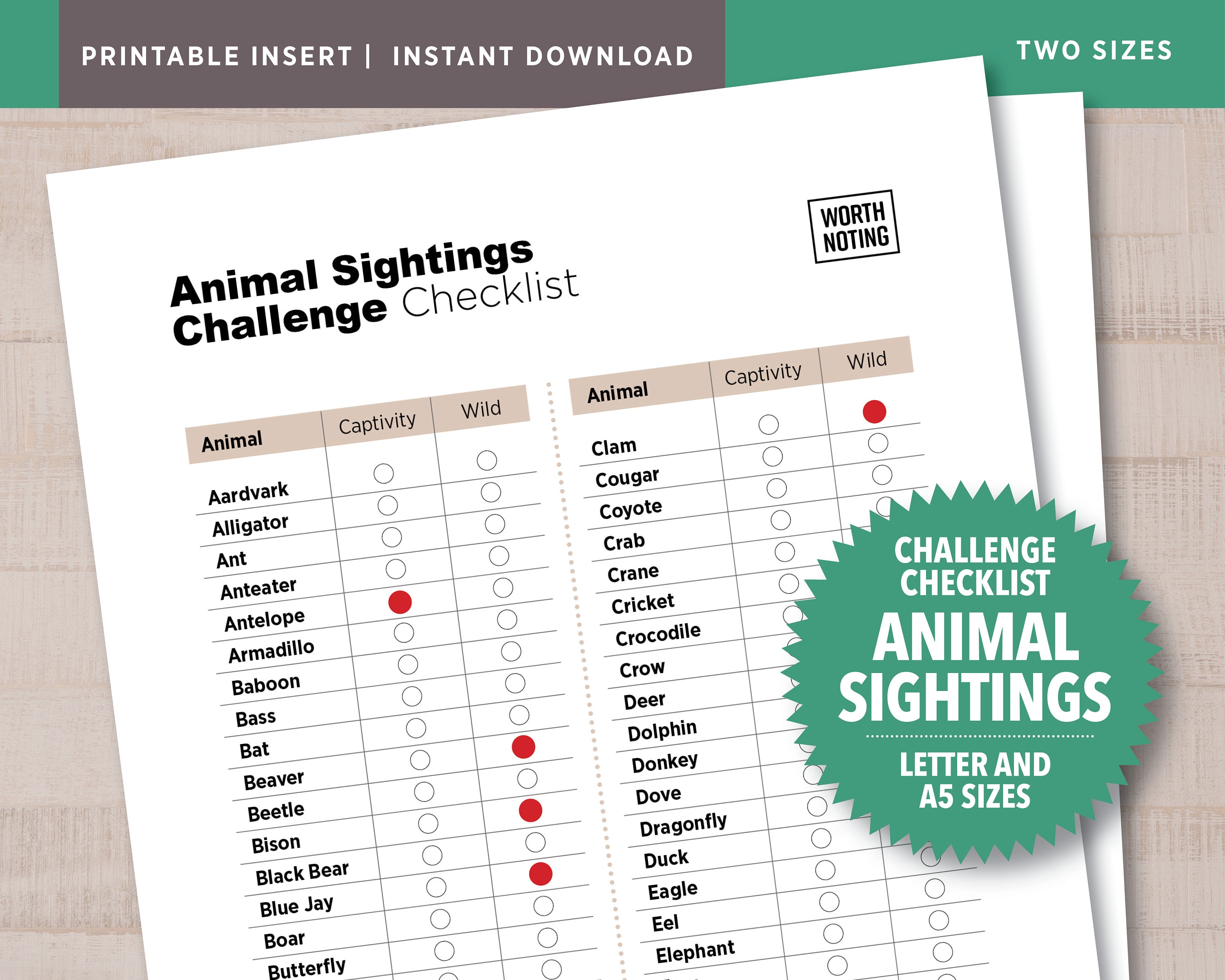 Animal Sightings Printable Challenge Checklist and Tracker, Nature ...