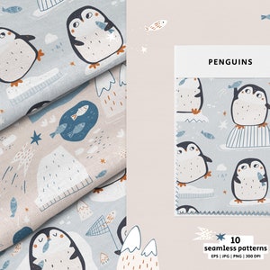 Cute Penguin Digital Paper Pack, Arctic Animal Seamless Pattern, Winter ...