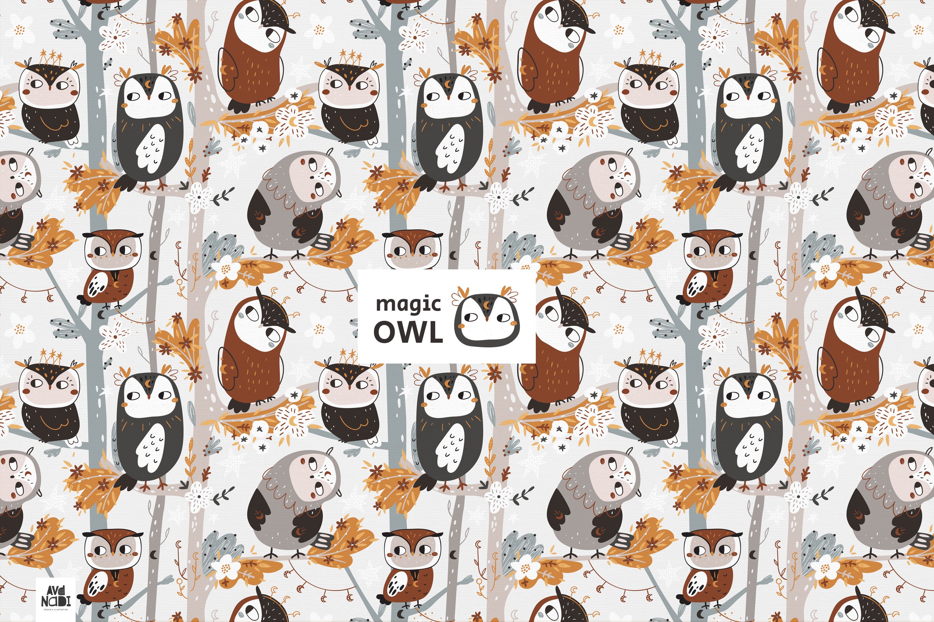 Magic Owl Digital Paper Pack, Owl Seamless Pattern, Floral Digital ...