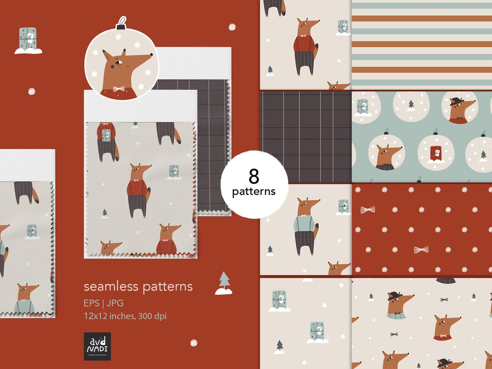 Christmas Fox Digital Paper, Winter Seamless Pattern, Vintage Holiday ...