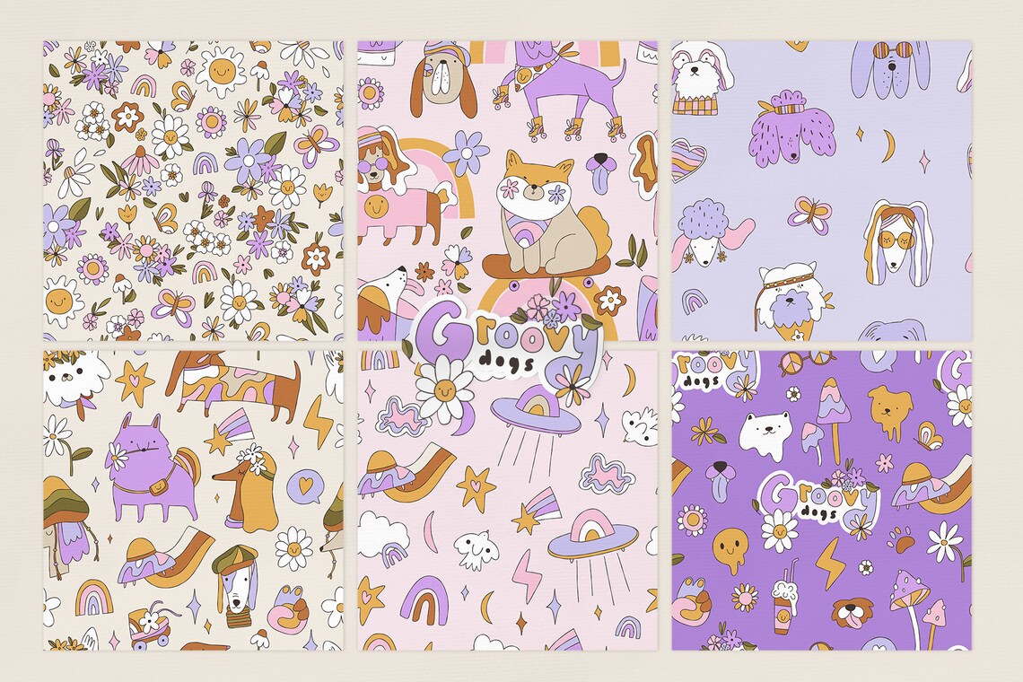 Groovy Retro Dogs Clipart Bundle and Seamless Patterns, Dog Png, Retro ...