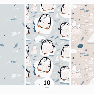 Cute Penguin Digital Paper Pack, Arctic Animal Seamless Pattern, Winter ...