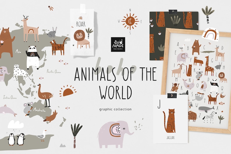Kids World Map & Animals Clipart, Animal Alphabet Printable, Nursery ...