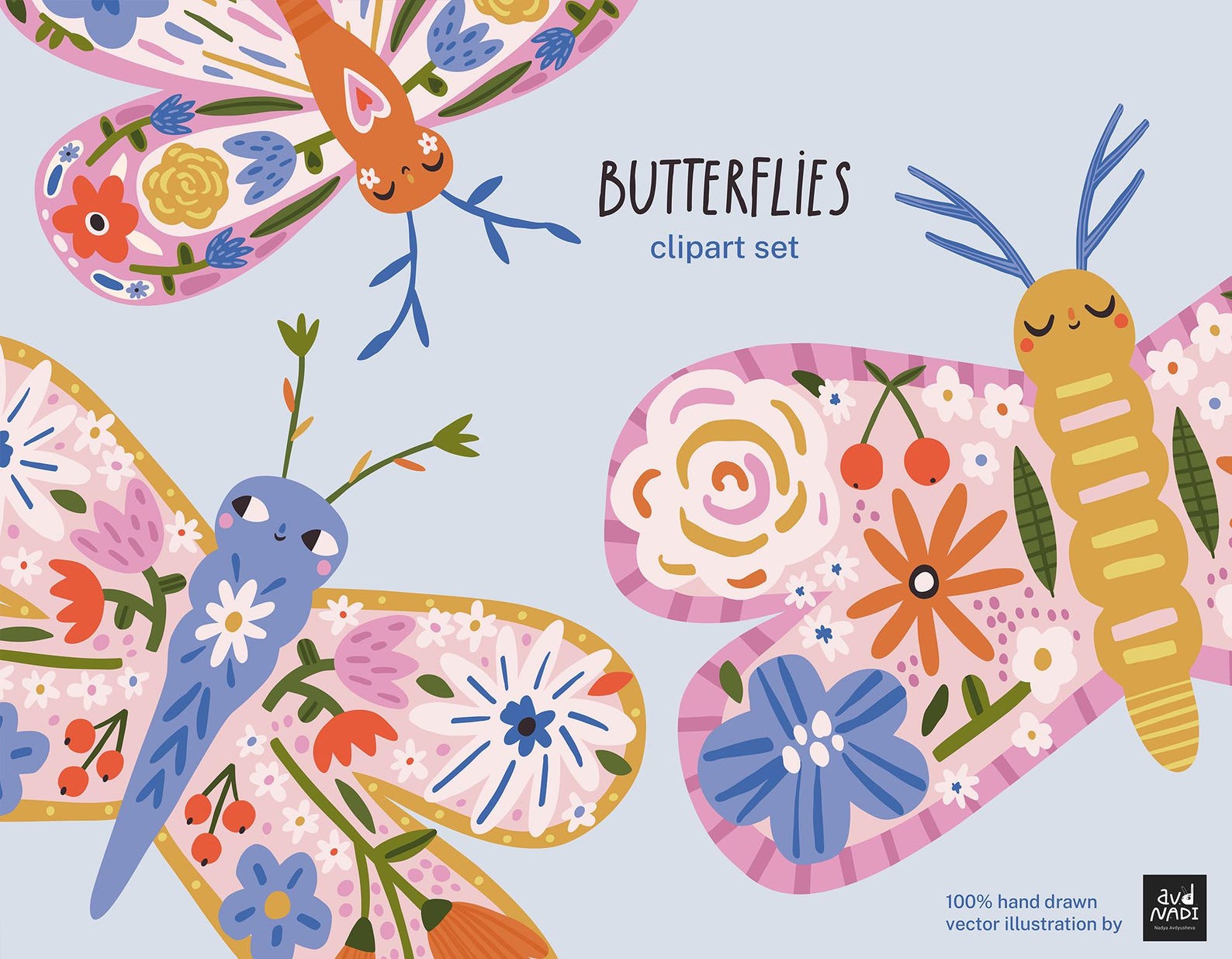 Butterfly Clipart Set, Boho Folk Butterflies PNG, Hand-drawn Insects ...