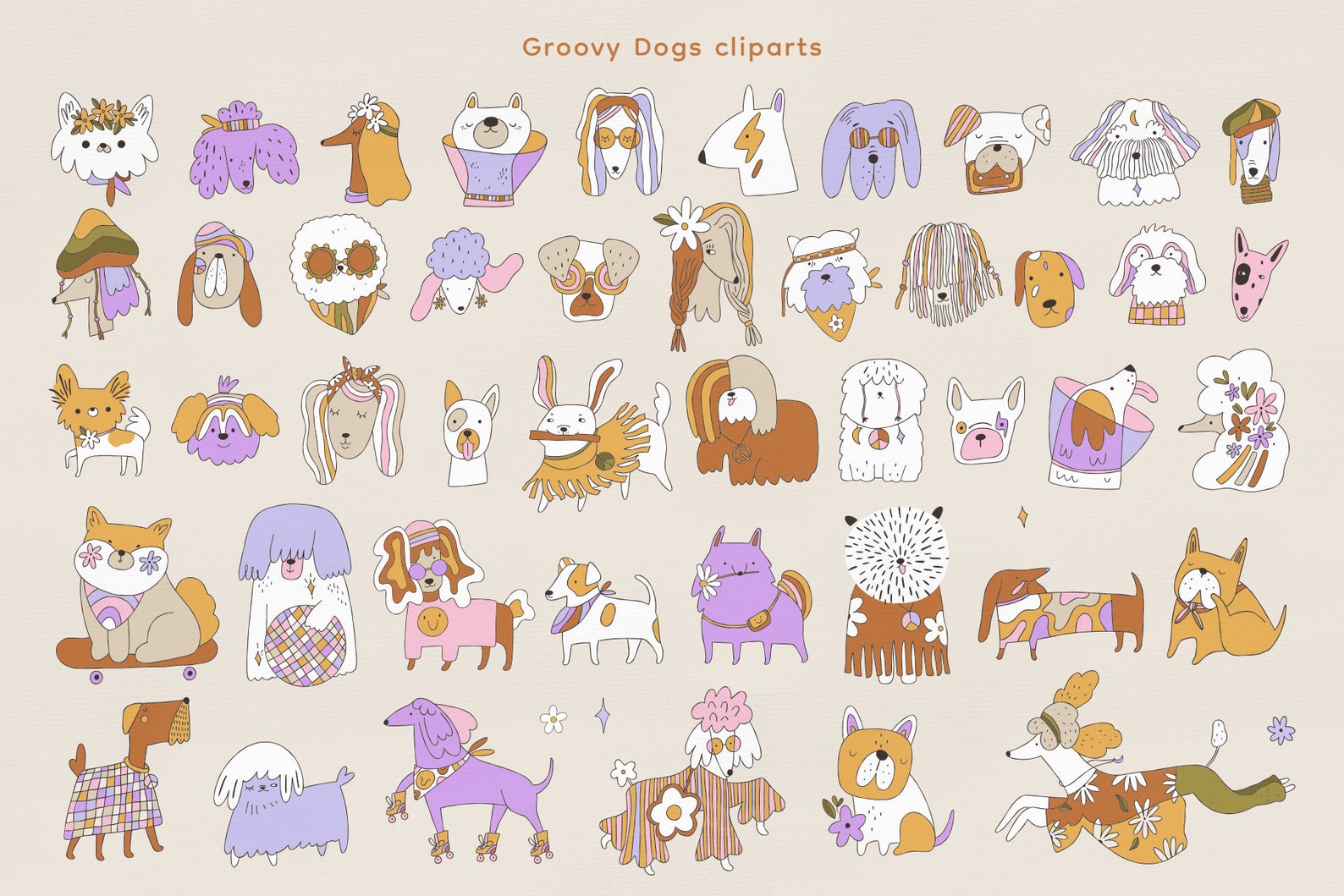 Groovy Retro Dogs Clipart Bundle and Seamless Patterns, Dog Png, Retro ...