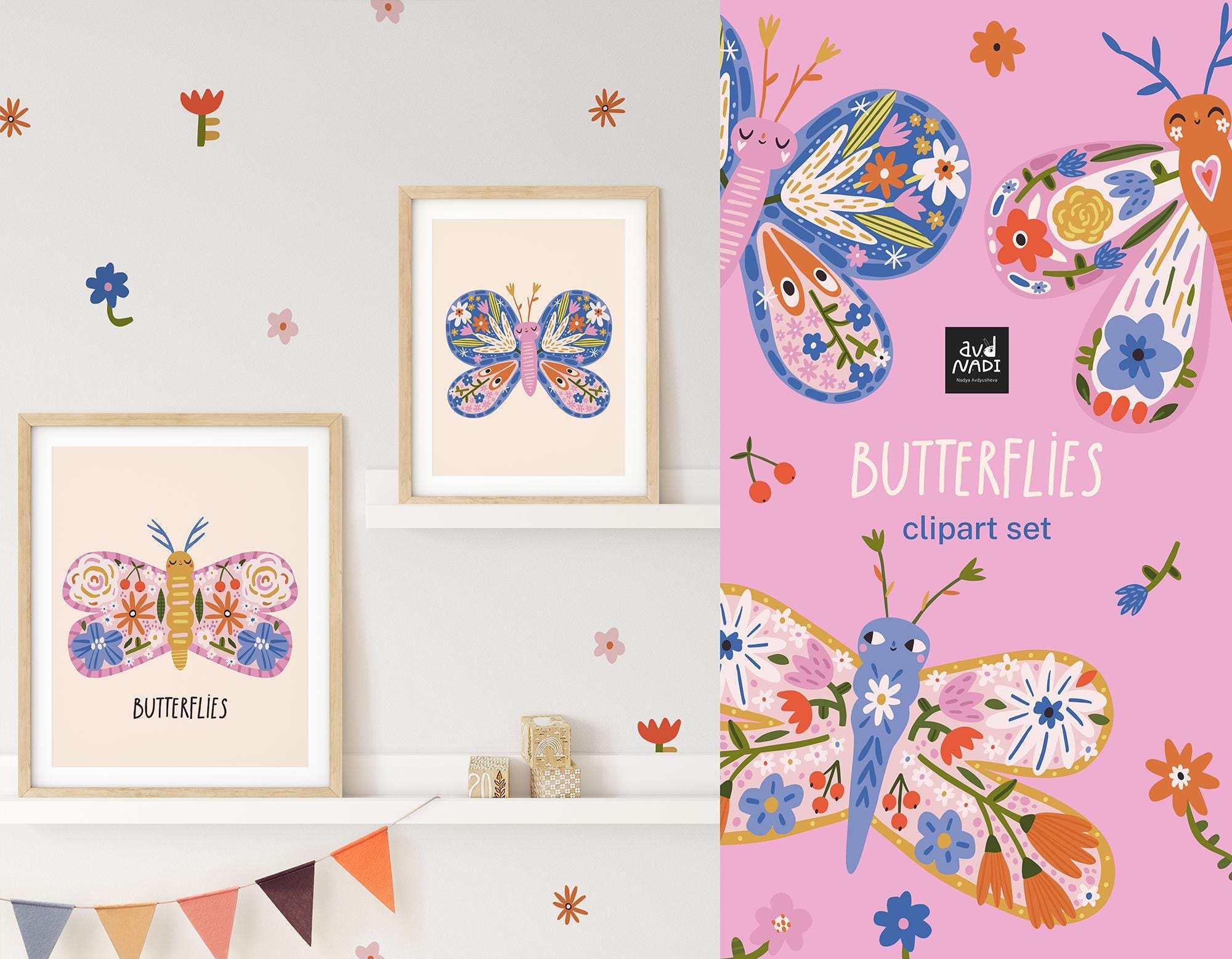 Butterfly Clipart Set, Boho Folk Butterflies PNG, Hand-drawn Insects ...