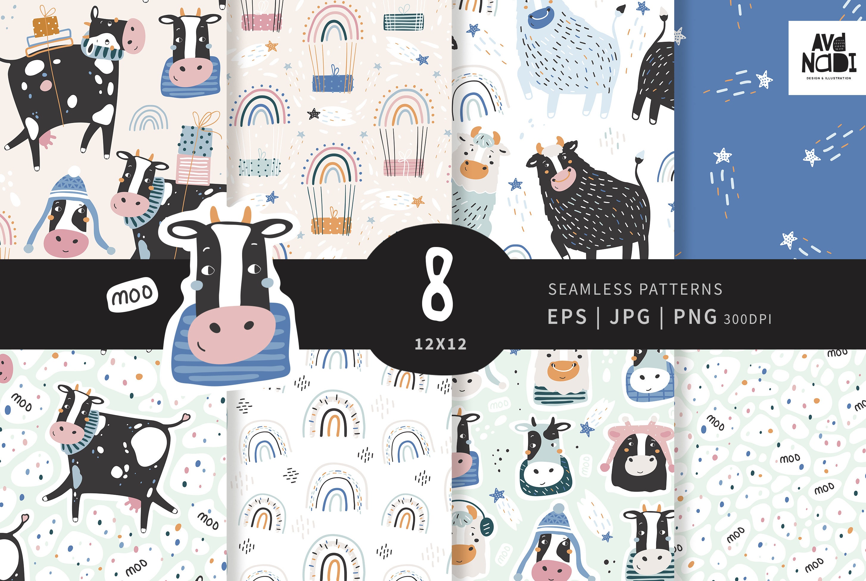 Funny cow Seamless pattern Winter digital paper Farm animal | Etsy