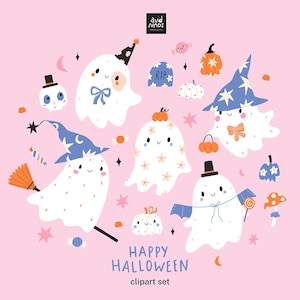 Pastel Halloween Ghost Clipart - Cute Spooky PNG EPS - Ghosts, Pumpkins ...