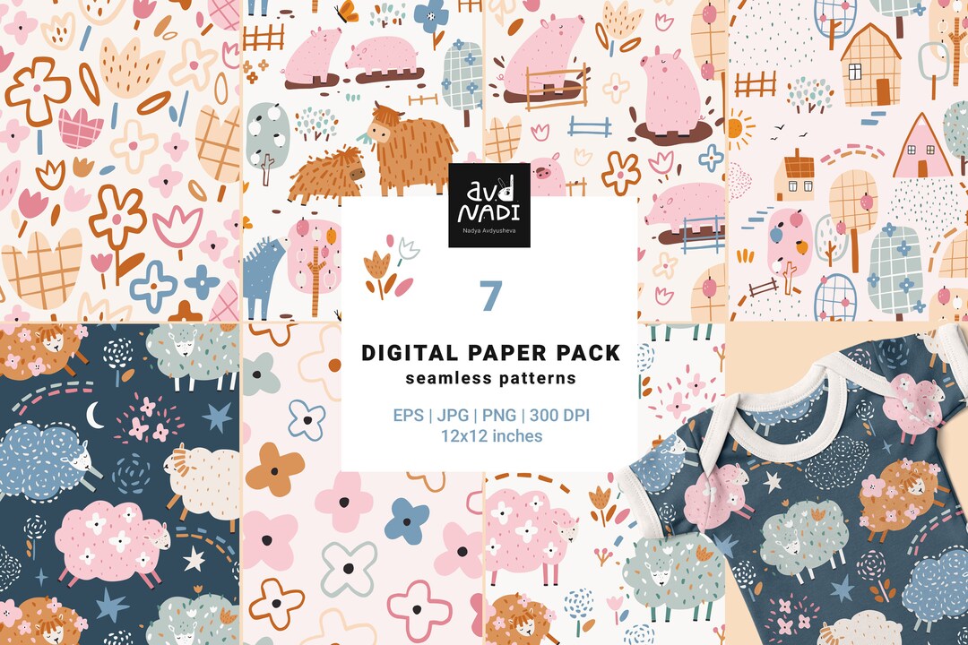 Funny Farm Digital Paper Pack, Farm Animals Seamless Pattern, Pig, Cow ...