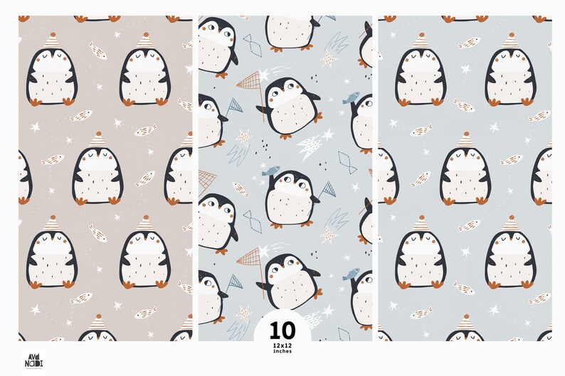 Cute Penguin Digital Paper Pack, Arctic Animal Seamless Pattern, Winter ...