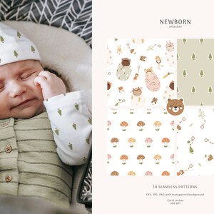 Newborn Baby Digital Paper Pack, Baby Boy Seamless Pattern, Woodland ...