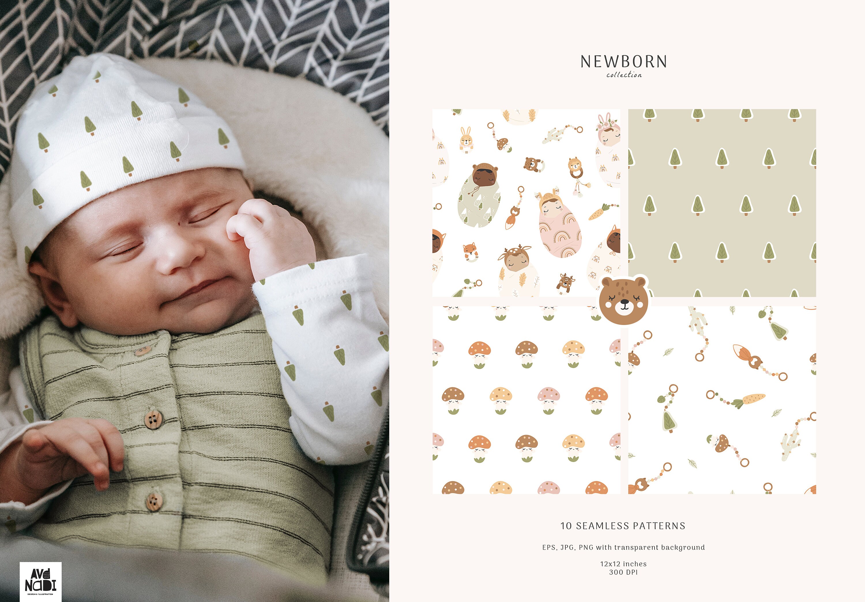 Newborn Baby Digital Paper Pack, Baby Boy Seamless Pattern, Woodland ...
